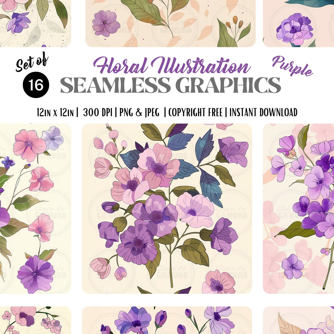 Digital Seamless Floral Surface Patterns in PURPLE | COMMERCIAL USE ...