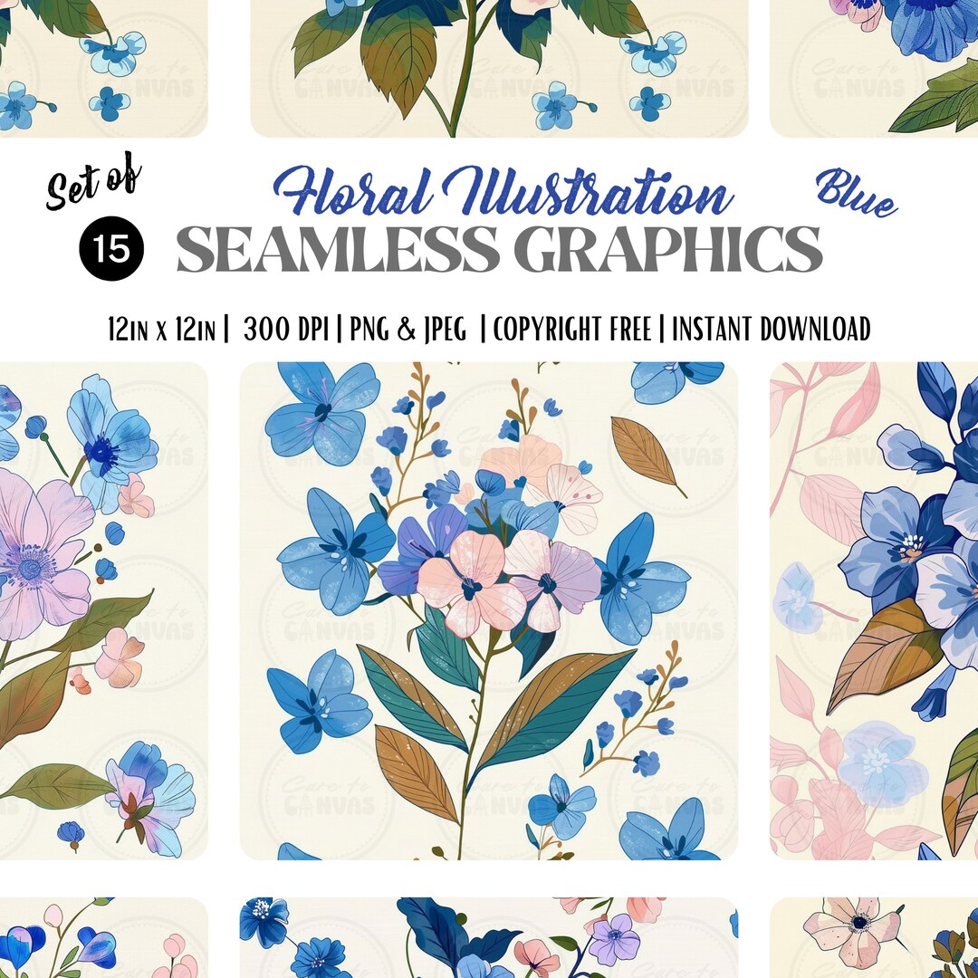 Digital Seamless Floral Surface Patterns in BLUE | COMMERCIAL USE Ready ...