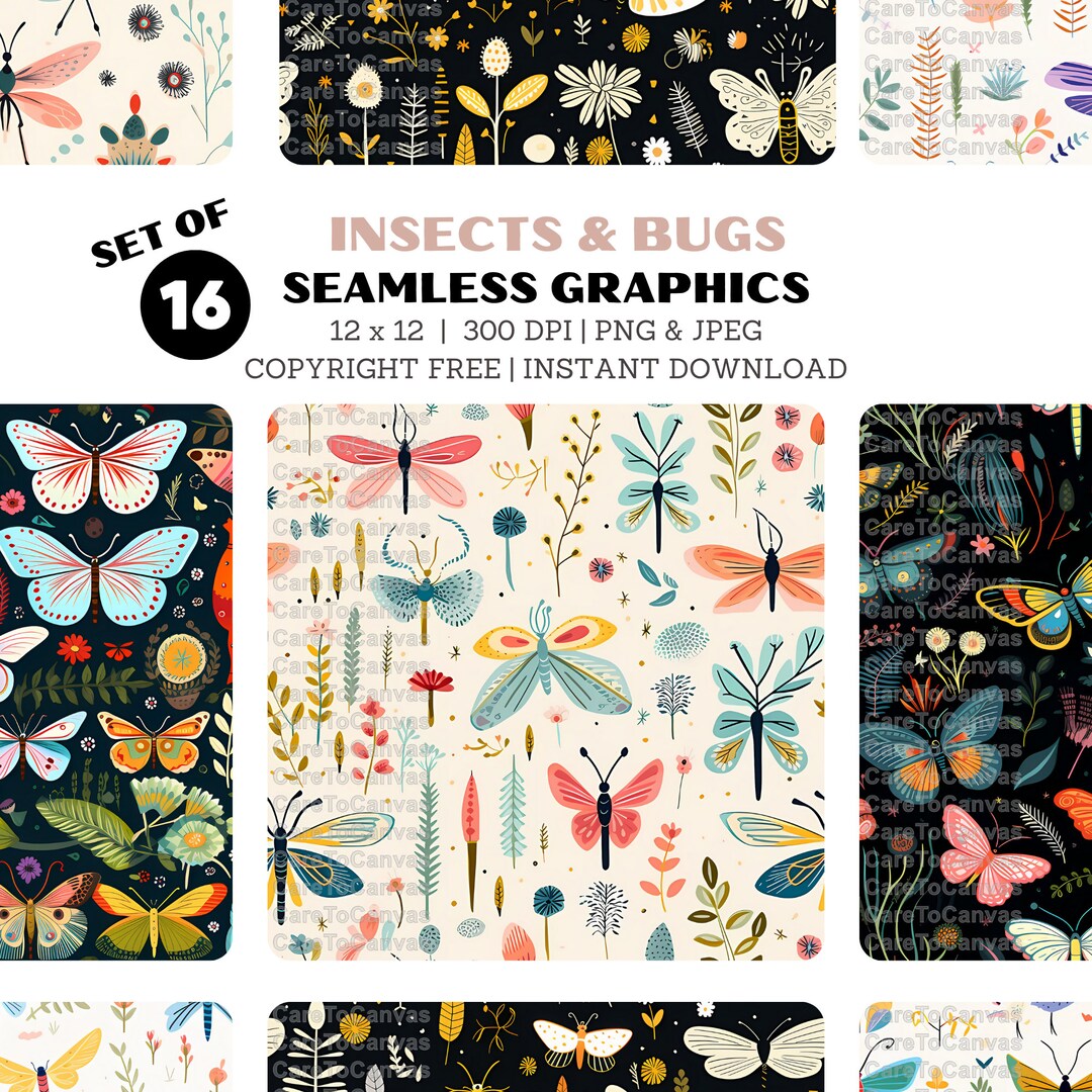 Digital Seamless Insect Bug and Butterfly Illustration Surface Patterns ...