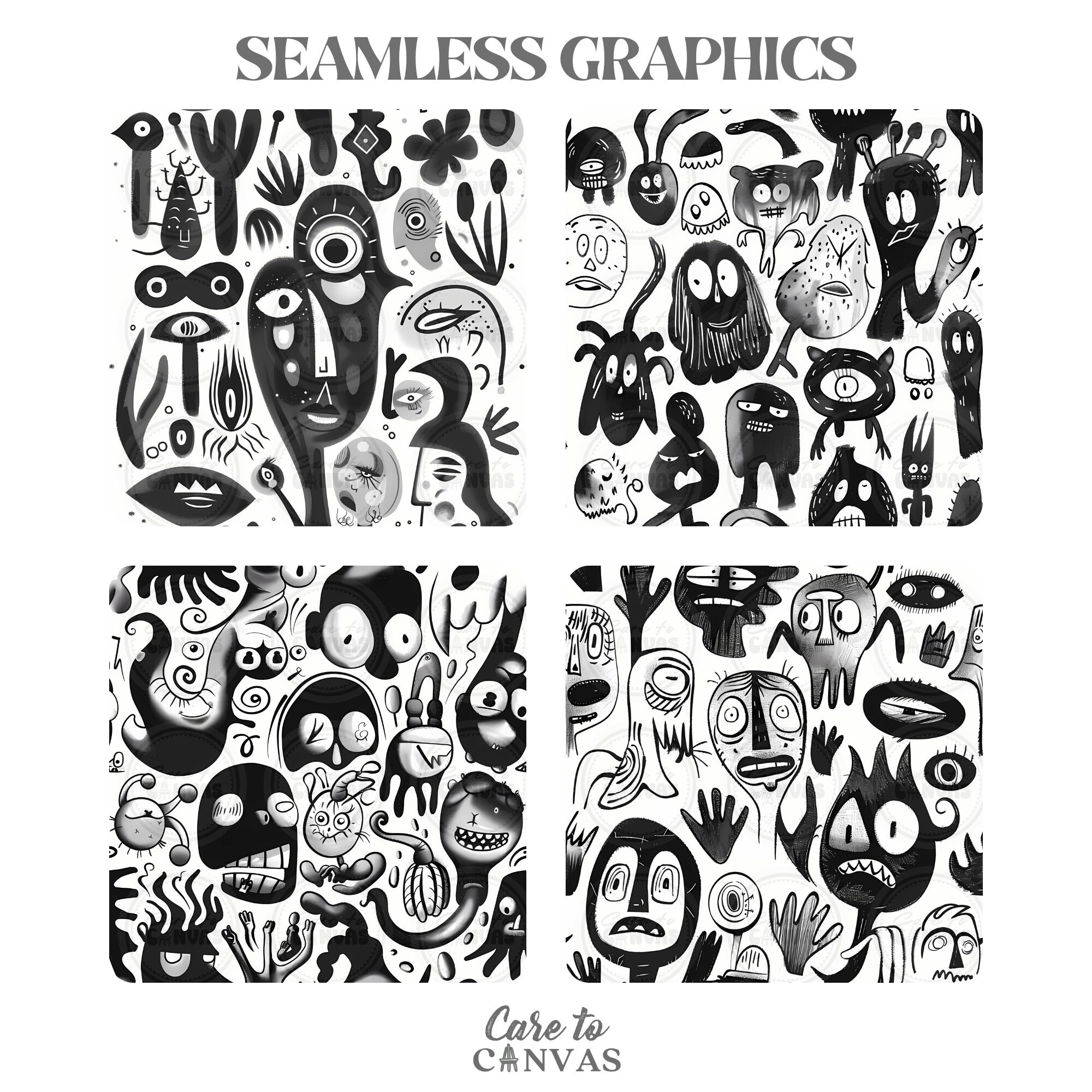 Digital Seamless Surface Patterns | Spooky Weird Cartoons in Black ...