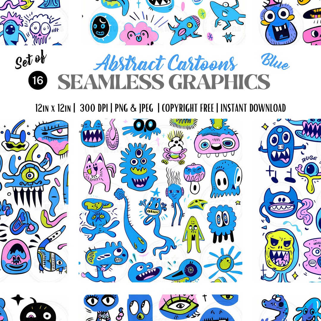 Digital Seamless Surface Patterns | Abstract Cartoons in BLUE ...