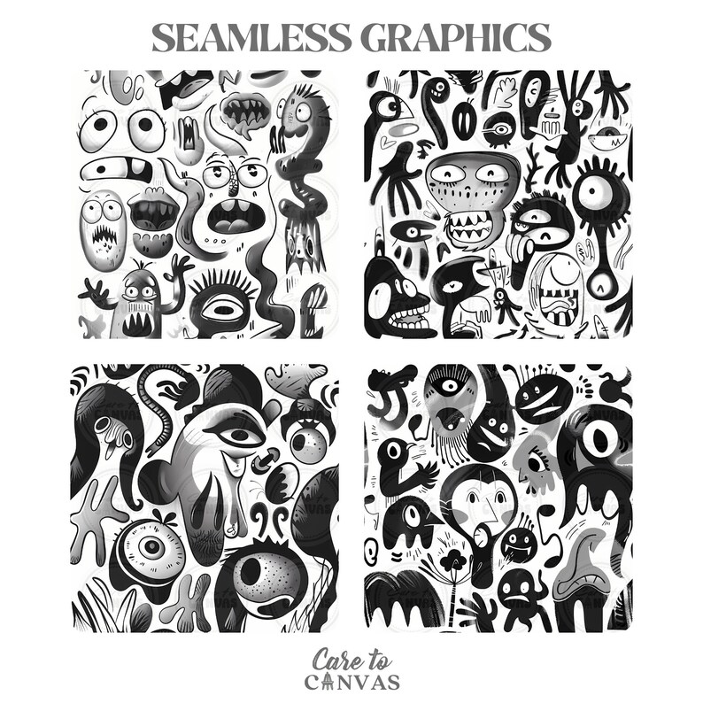 Digital Seamless Surface Patterns | Spooky Weird Cartoons in Black ...