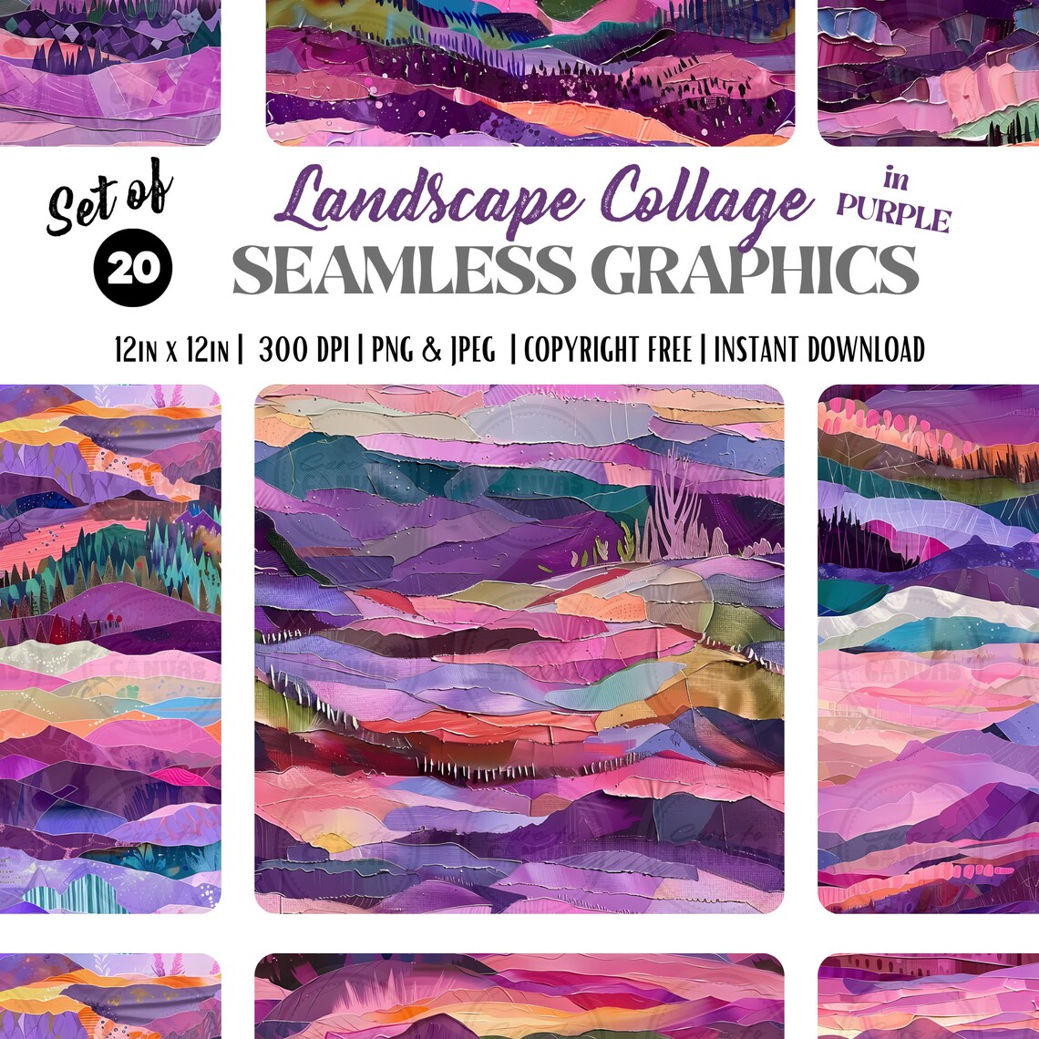 Seamless Surface Pattern Digital Art | Landscape Collage in PURPLE ...