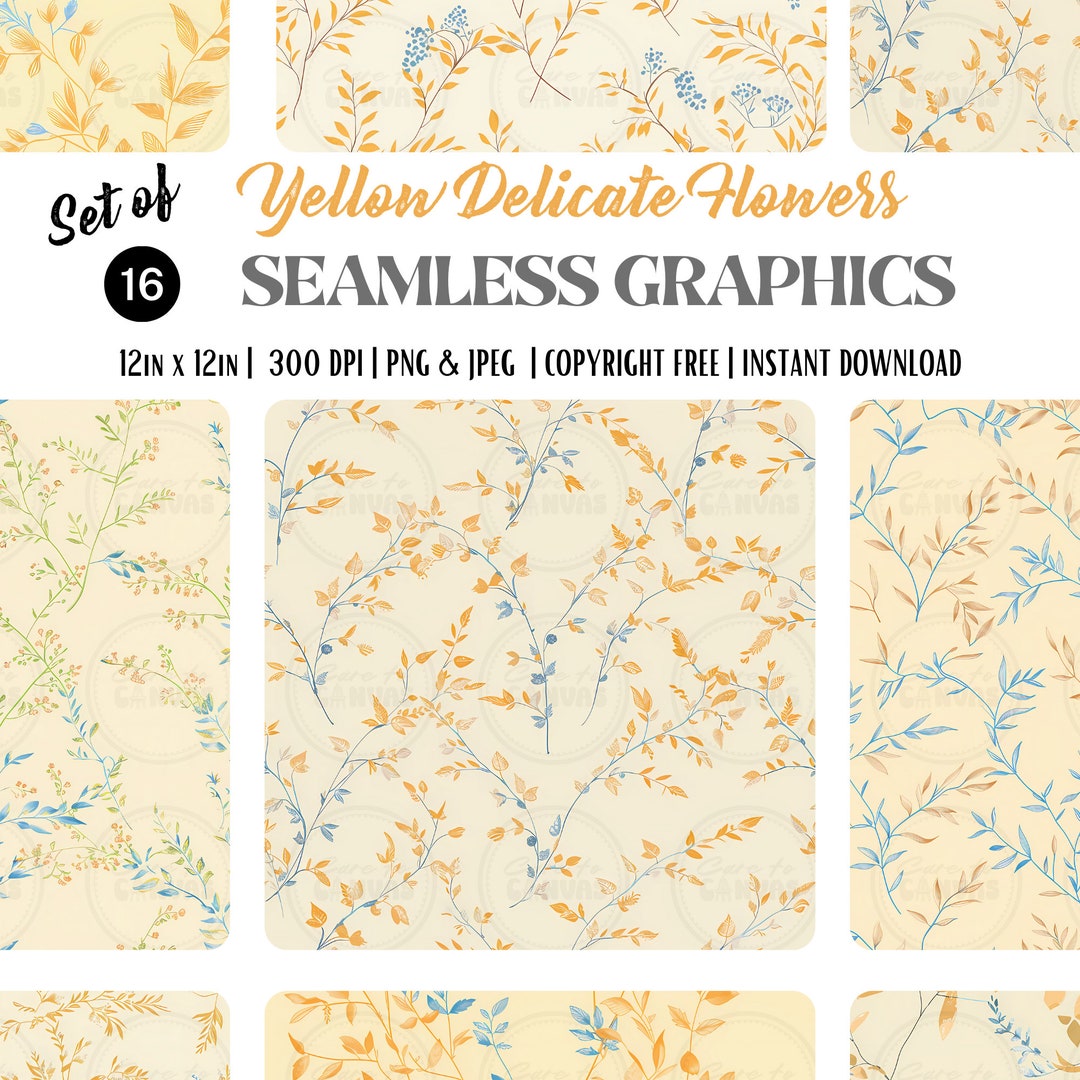 Seamless Digital Delicate Floral Surface Patterns in YELLOW ...