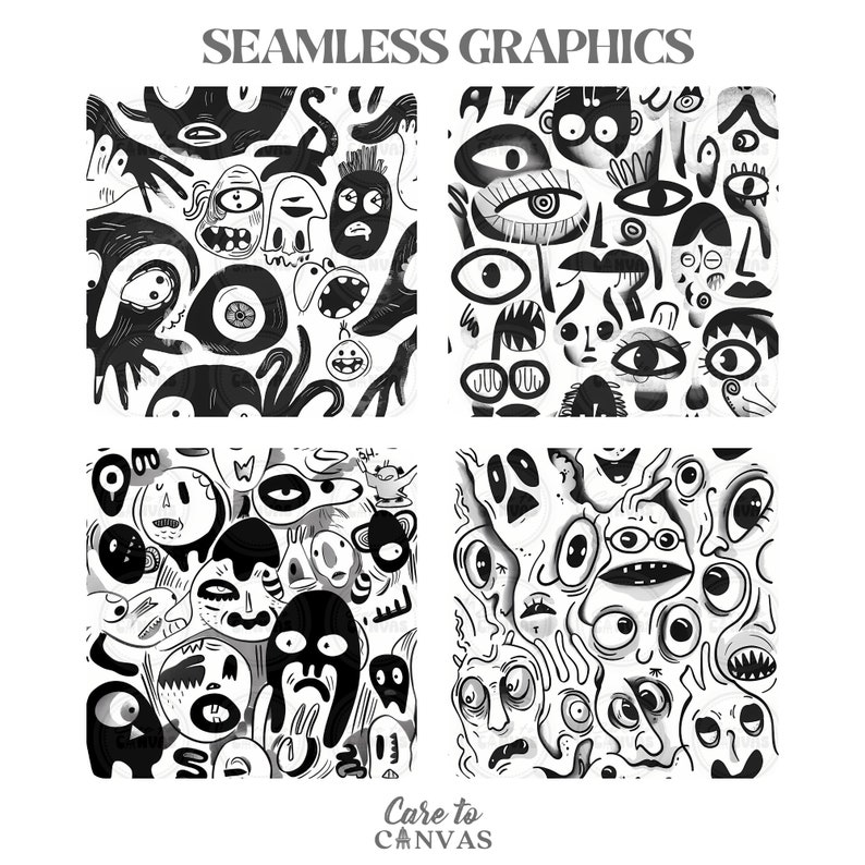 Digital Seamless Surface Patterns | Spooky Weird Cartoons in Black ...