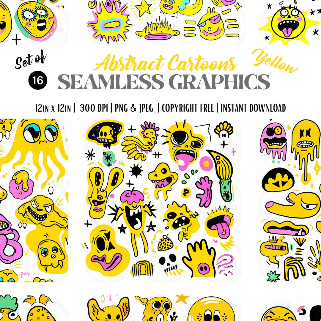 Digital Seamless Surface Patterns | Abstract Cartoons in YELLOW ...