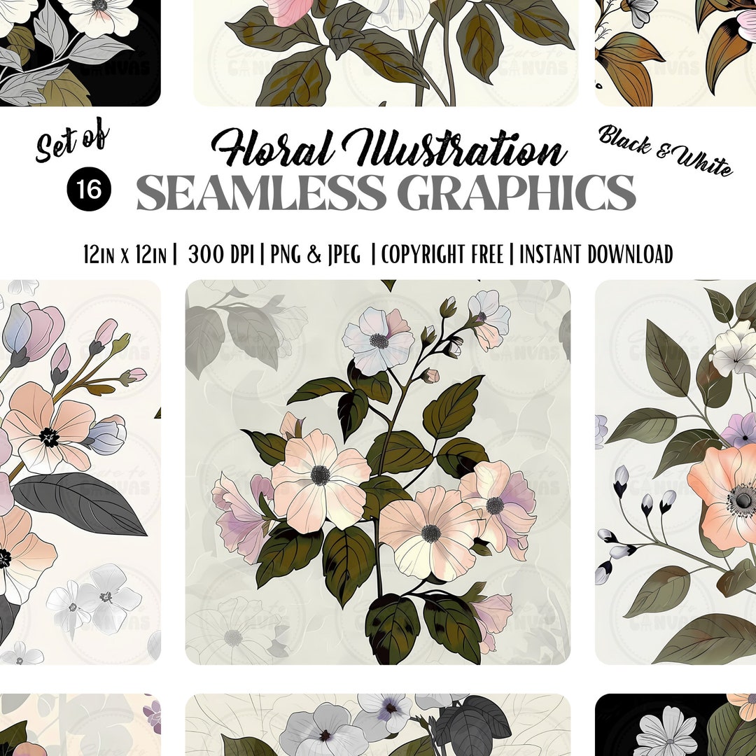 Digital Seamless Floral Surface Patterns in Black & White | COMMERCIAL ...