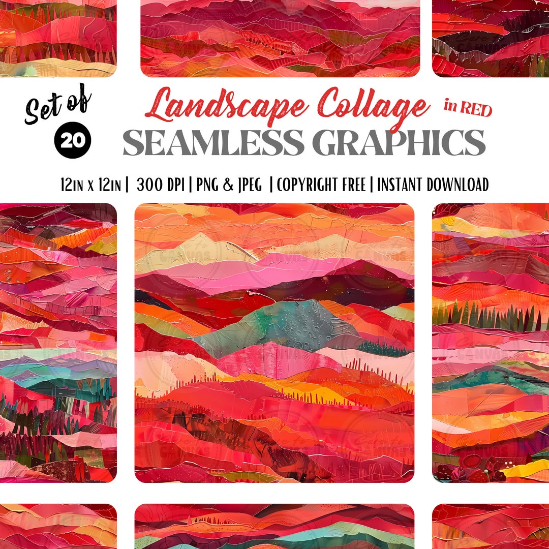 Seamless Surface Pattern Digital Art | Landscape Collage Art in RED ...