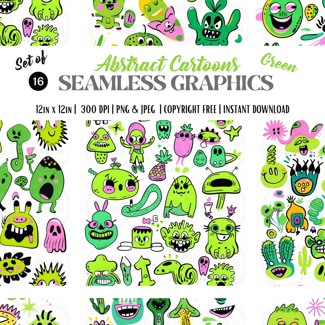 Digital Seamless Surface Patterns | Abstract Cartoons in GREEN ...