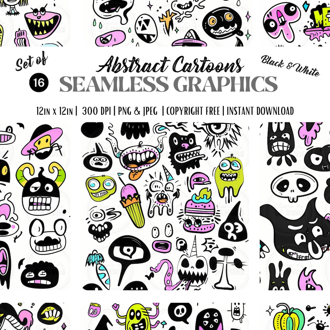 Digital Seamless Surface Patterns | Abstract Cartoons in Black & White ...