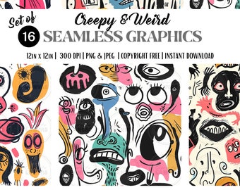 Digital Seamless Surface Patterns | Spooky Weird Cartoons in Black ...