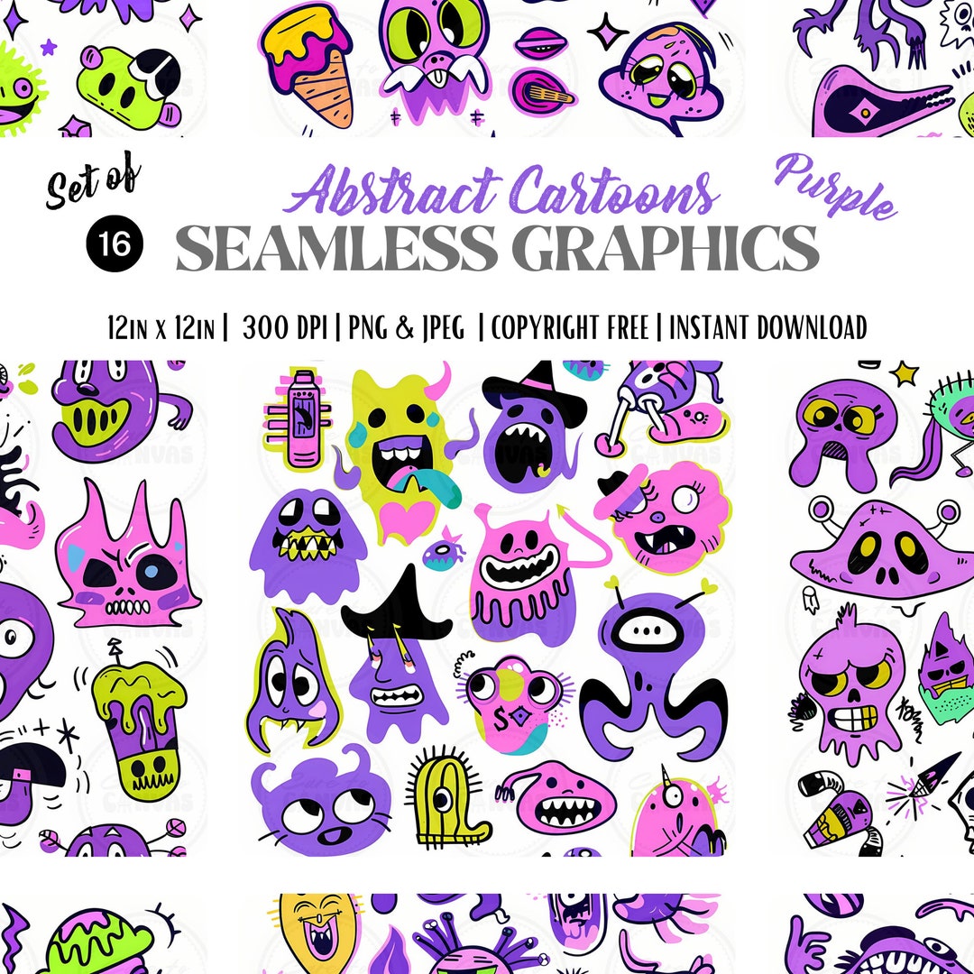 Digital Seamless Surface Patterns | Abstract Cartoons in PURPLE ...