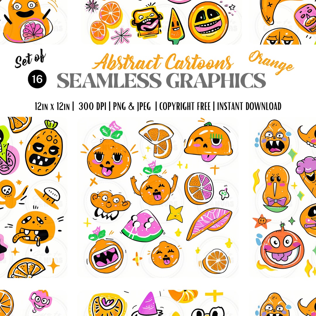 Digital Seamless Surface Patterns | Abstract Cartoons in ORANGE ...