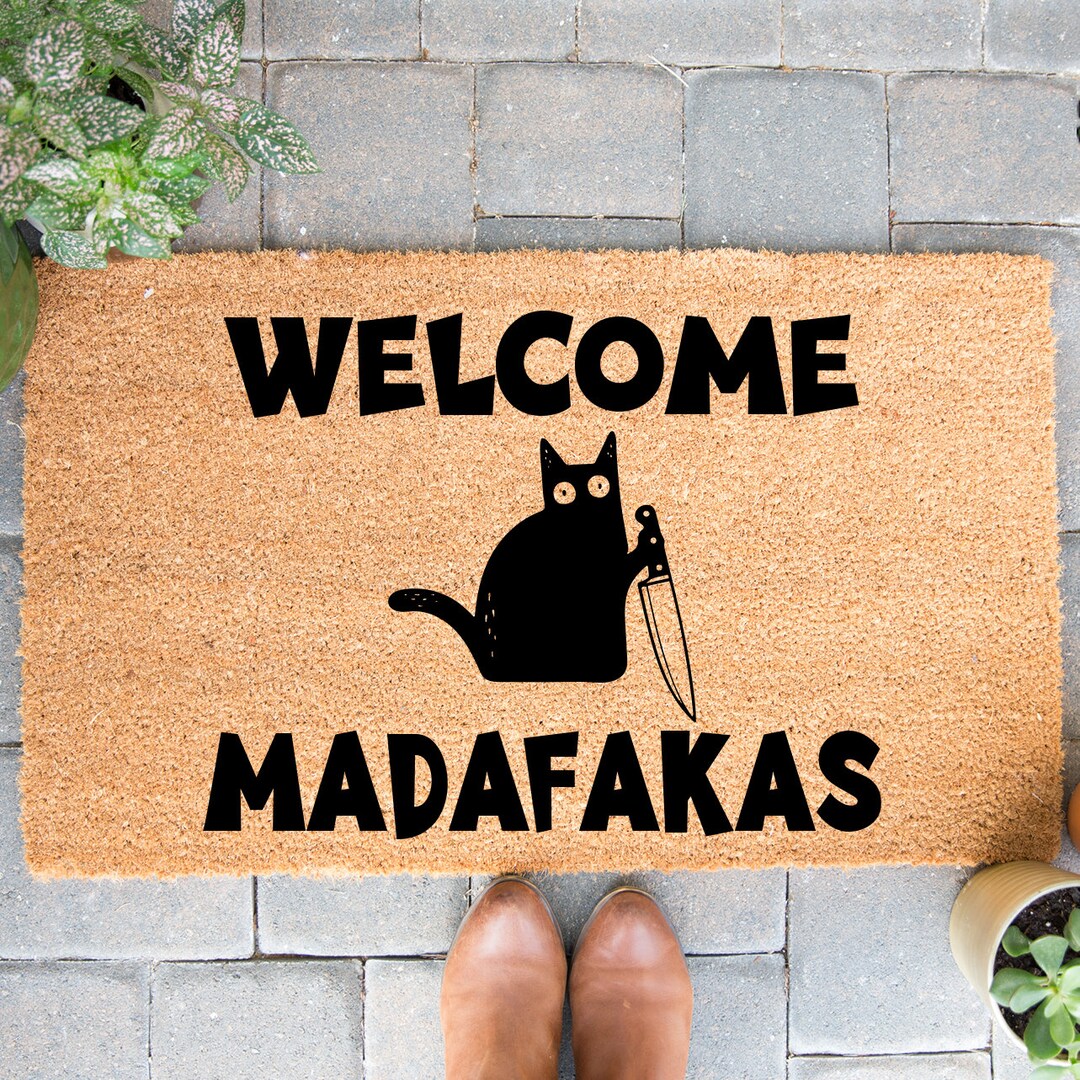 Doormat Welcome Madafakas Mufka Black Cat Knife Cats Welcome Mat Funny ...