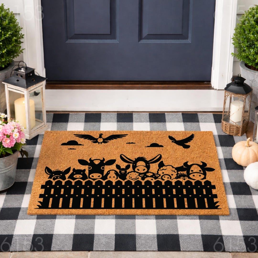 Farm Animals Doormat, Country Welcome Door Mat, Cow Pig Sheep Chicken ...
