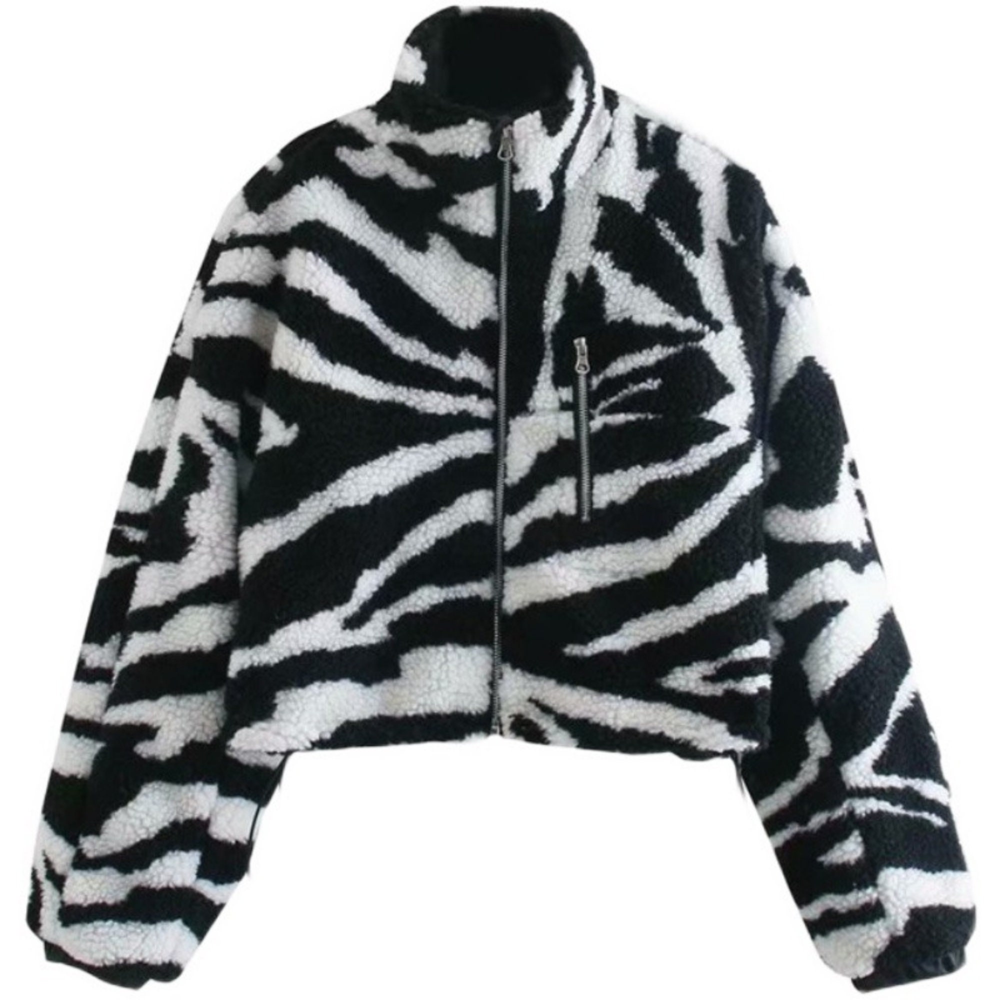 Woman Zebra Print Zipper Stand Collar Small Jacketdrawstring Waist ...