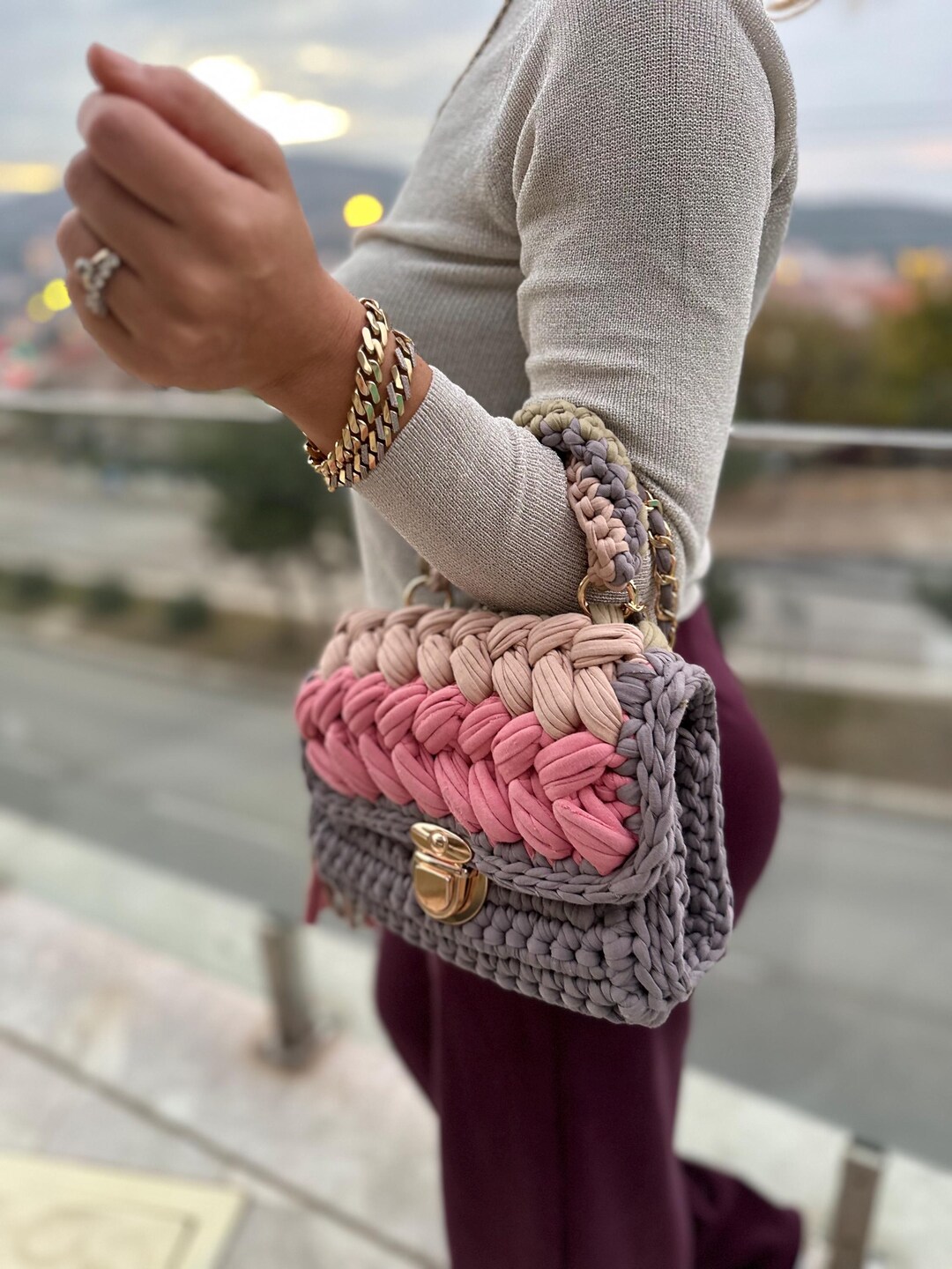 Chunky Crochet Shoulder Bag – Handmade Colorful Knit Purse – Pink and ...