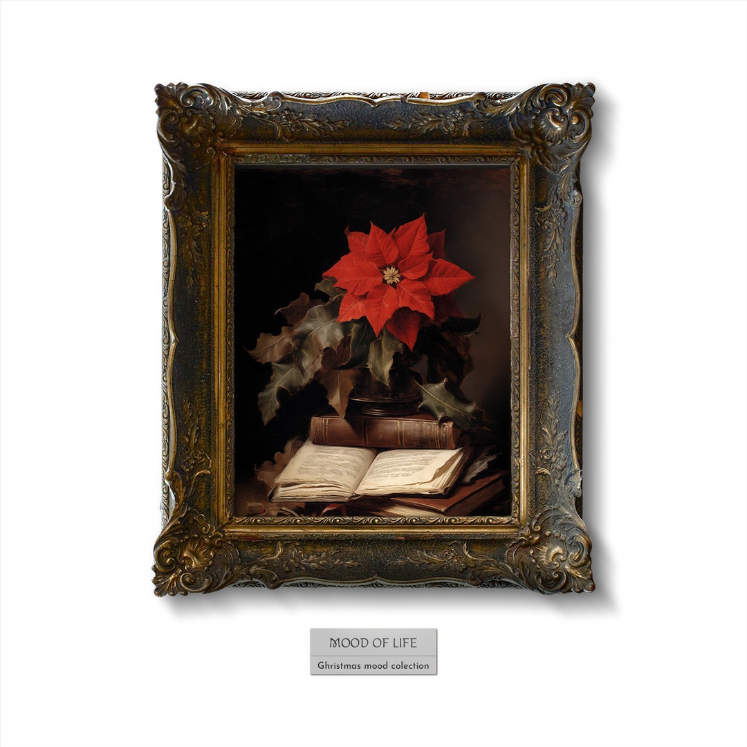 PRINTABLE Vintage Winter Still Life Poinsettia and Books - Etsy