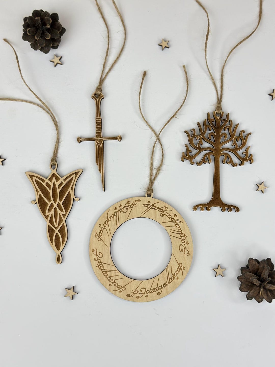 Wooden Fantasy Ornament Set | Laser Cut Sword, Tree, Pendant & Ring ...