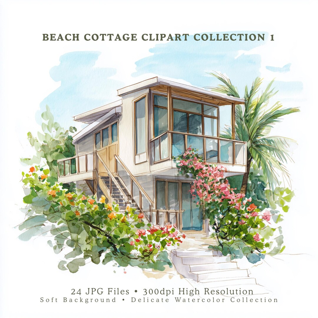 Coastal Beach Cottage Clipart, Watercolor Seaside House Set, Tropical ...