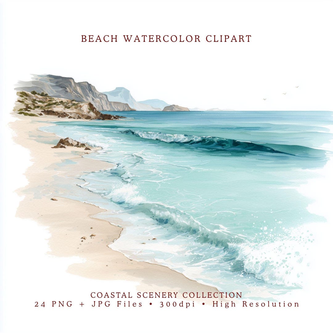 Beach Watercolor Clipart, Coastal Landscape Set, Ocean Scenery ...