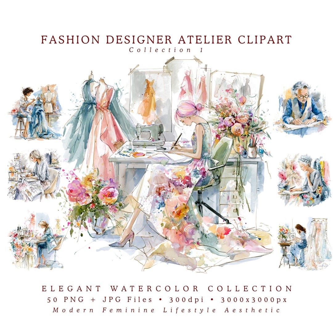 Fashion Designer Clipart, Couture Atelier Watercolor Bundle, Profession ...