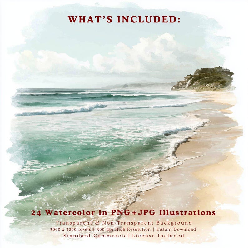 Beach Watercolor Clipart, Coastal Landscape Set, Ocean Scenery ...
