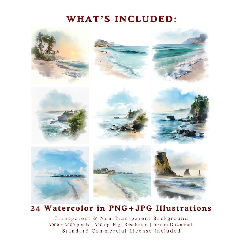 Beach Watercolor Clipart, Coastal Landscape Set, Ocean Scenery ...