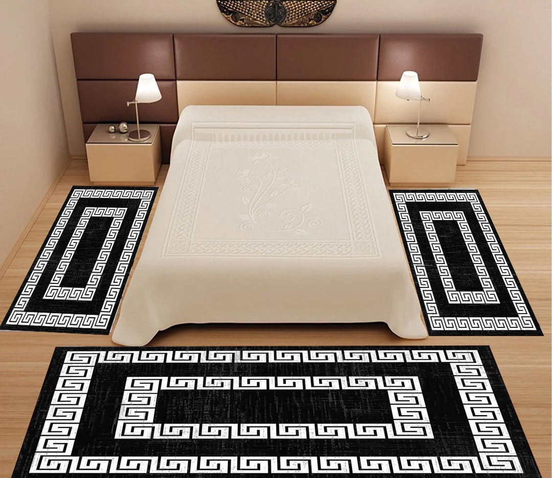Set of 3 White Greek Border Rug, Black Luxury Living Room Rug, Marble ...