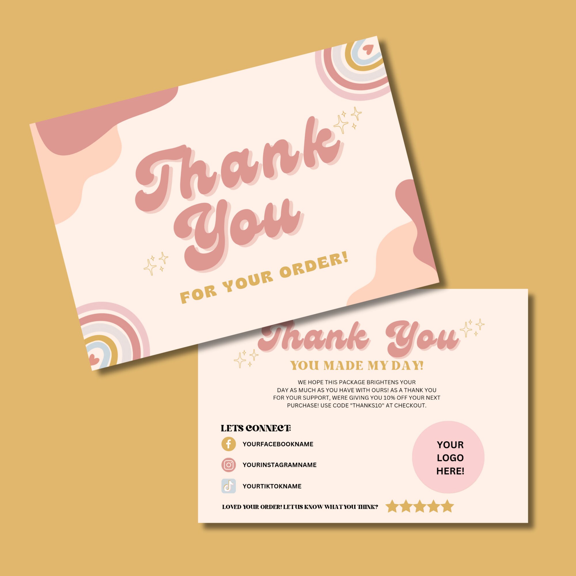 Thank You Card Template Editable in Canva, Bright Boho Beige Rainbow ...