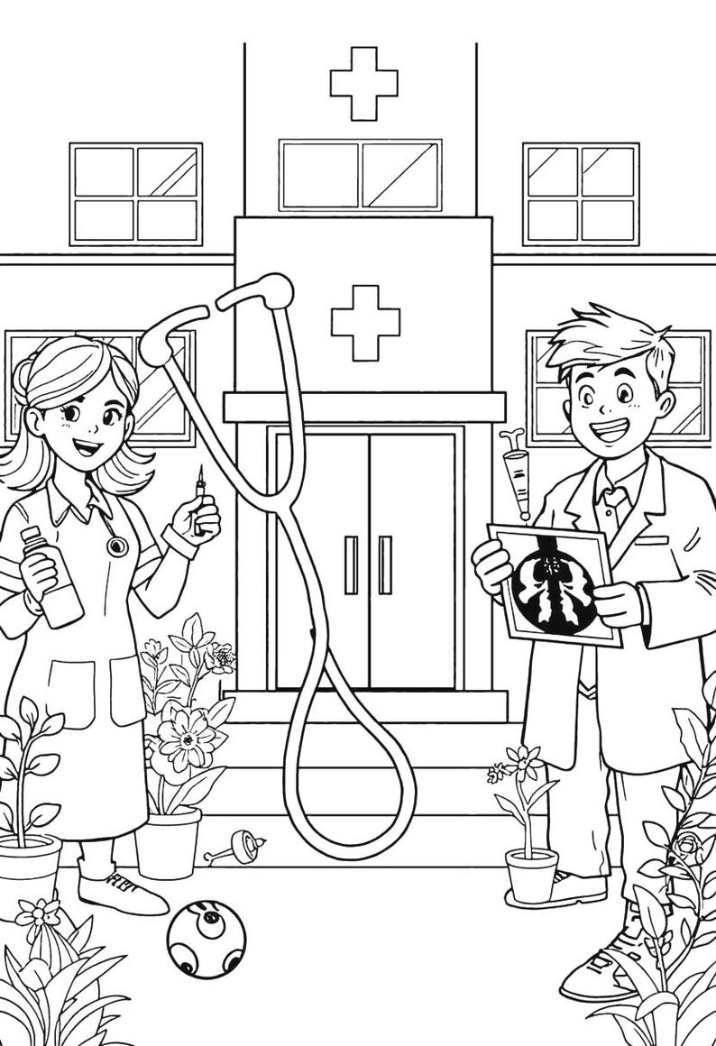 Printable Hospital, Doctor and Nurse Coloring Page for Kids and Adults ...