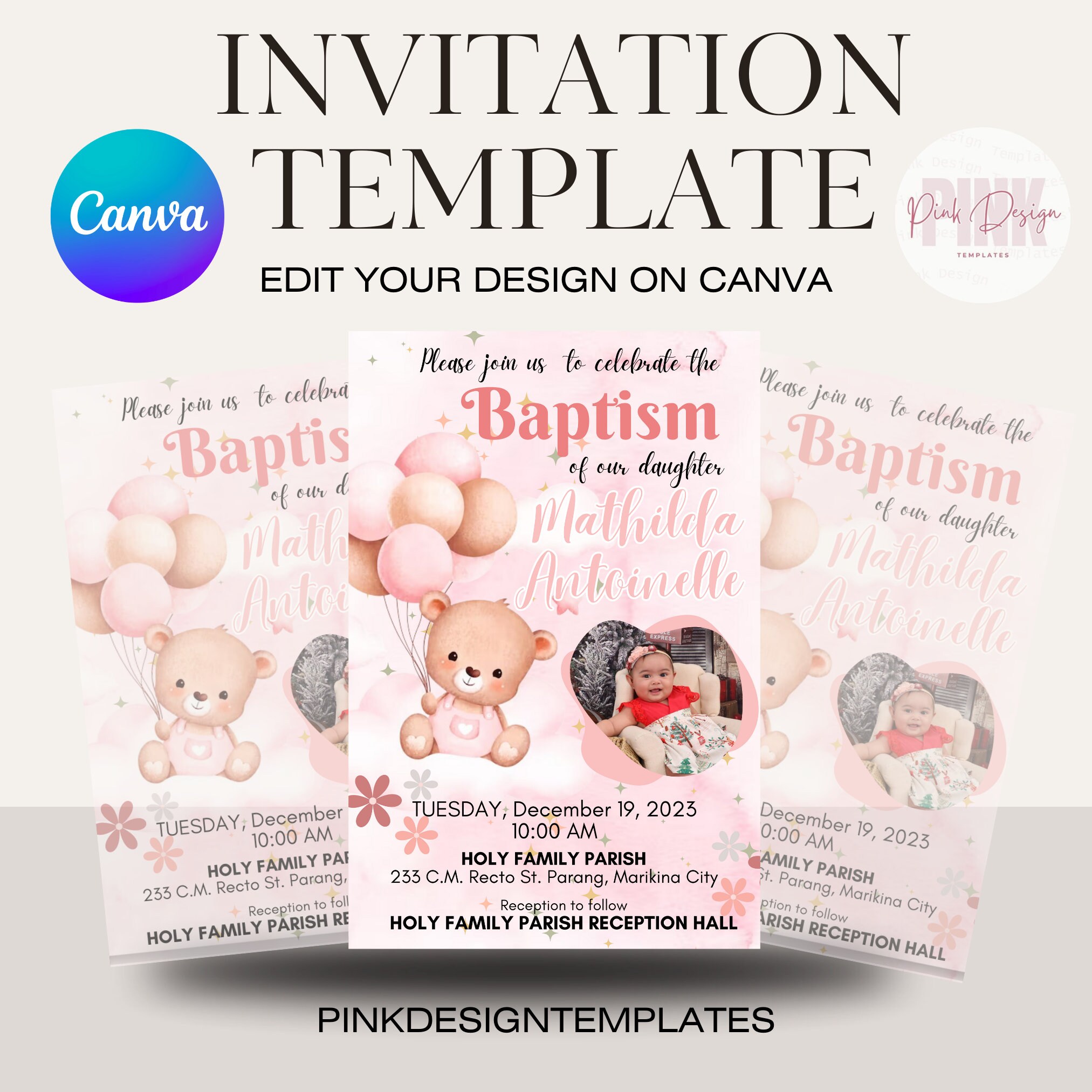Editable Teddy Bear Baptism Invitation Templates, Baptism Girl Teddy ...