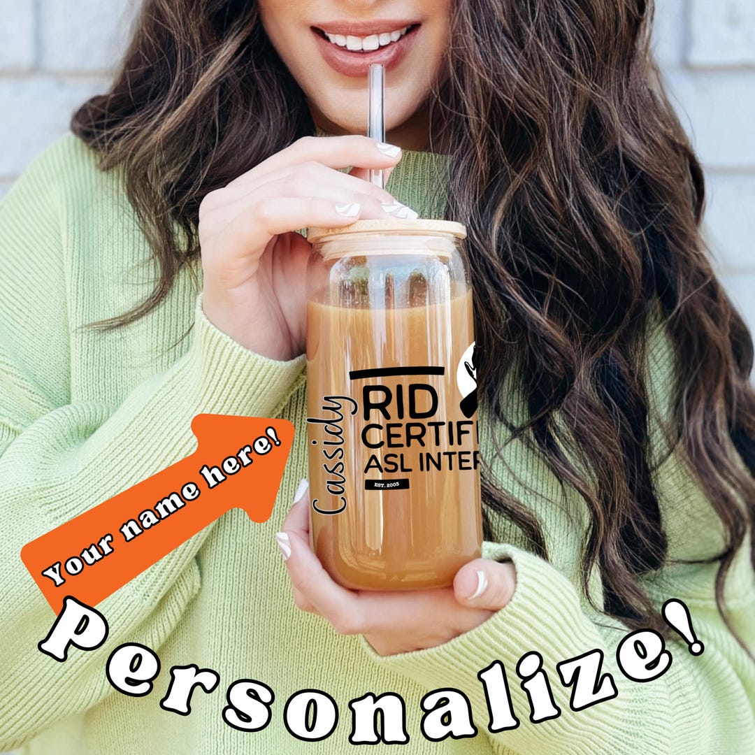 ASL Interpreter Glass Tumbler Custom With Name, Glass Coffee Cup Sign ...