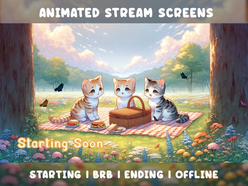 4x Animated Aesthetic Lofi Cat Picnic Twitch Screens | Stream is ...