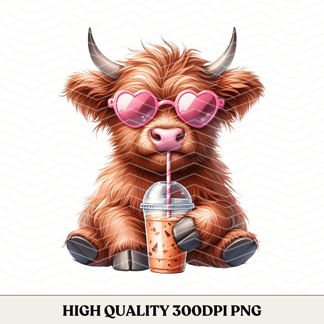 Cute Coffee Cow Funny Highland Cow PNG, Highland Cow Clipart, Heifer ...
