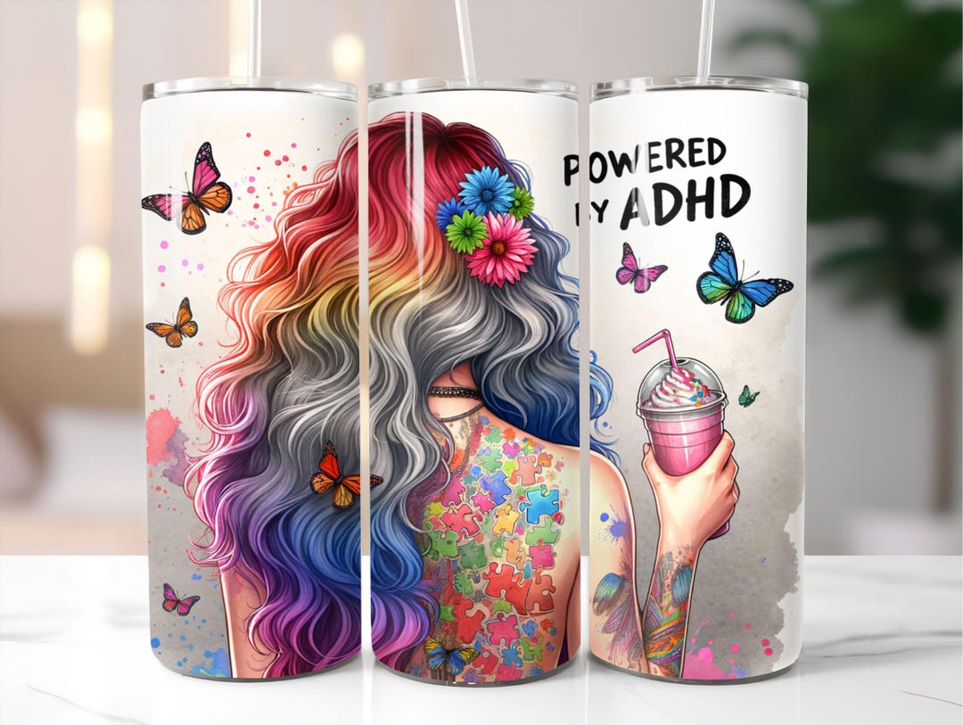 Powered by ADHD Awareness 20oz Skinny Tumbler Wrap Design ...