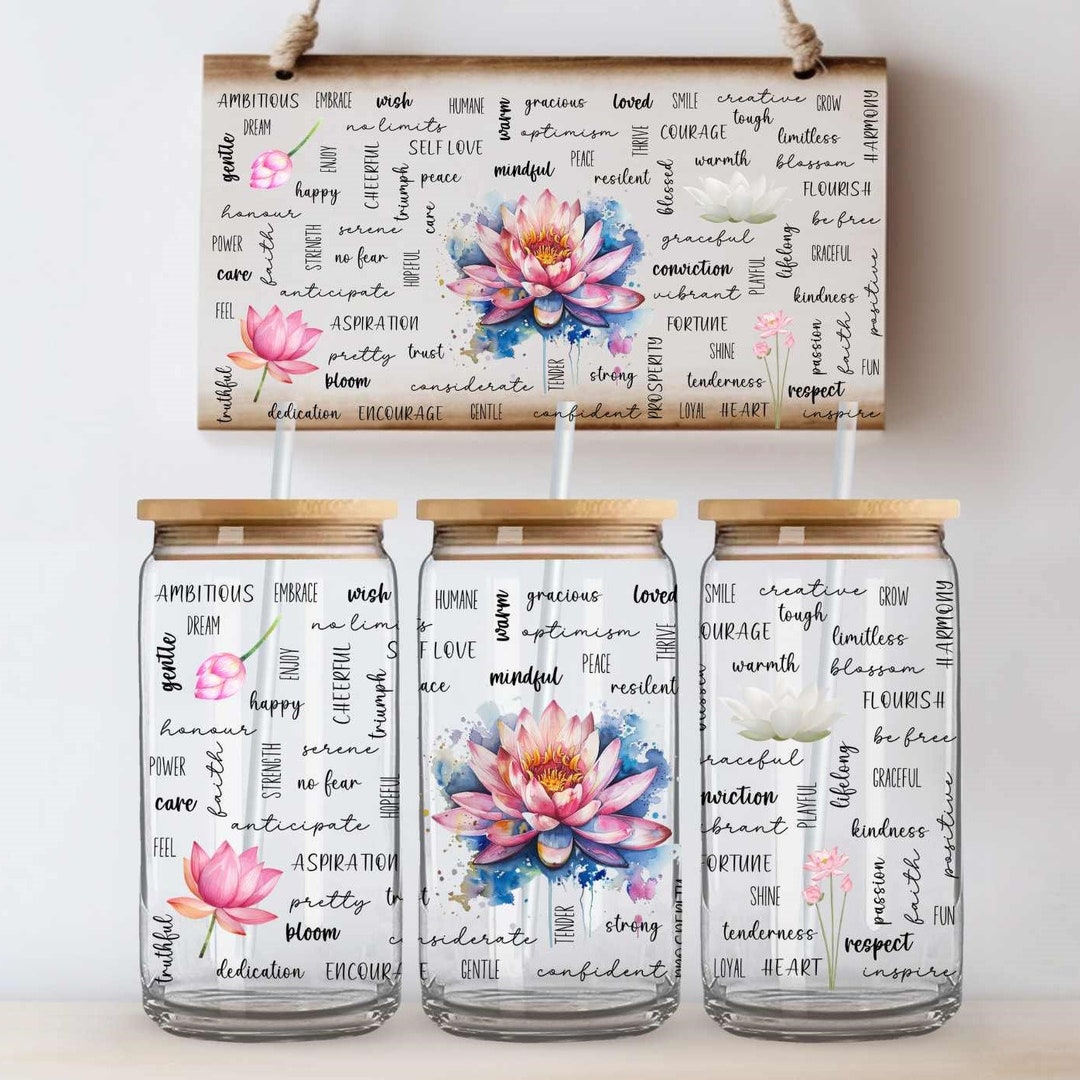 Positive Affirmation SEAMLESS Lotus Flower 16oz Libbey Glass Can Wrap ...