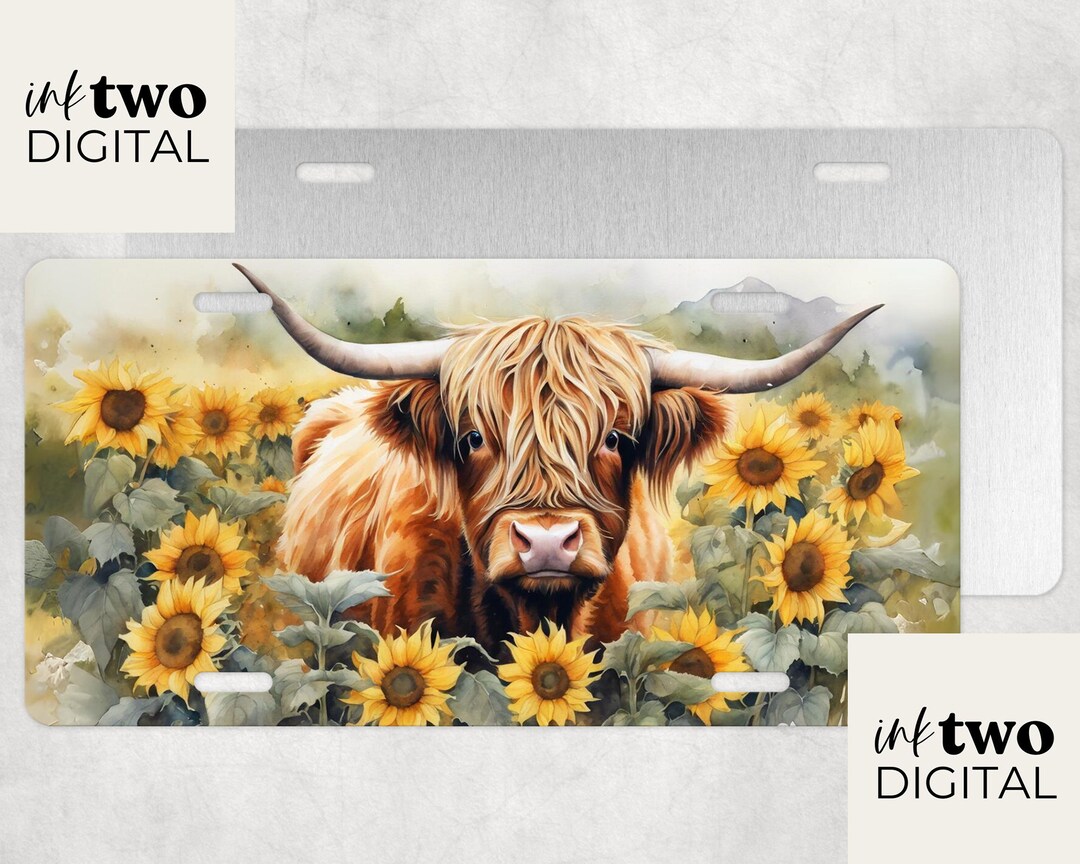 Cute Sunflower Highland Cow Licence Plate PNG Sublimation Design, 12 by ...