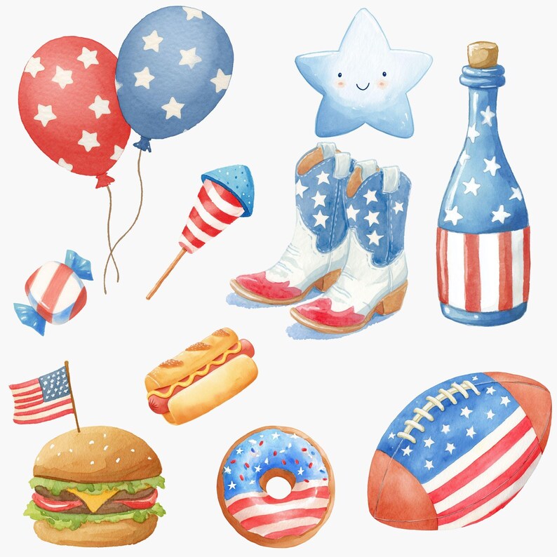 4th July Clipart Set, Watercolour Clipart Bundle, Watercolour ...