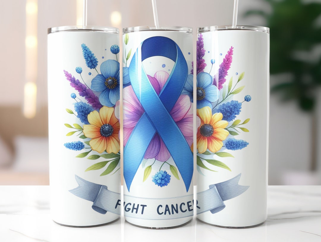 Fight Colon Prostate Cancer Blue Ribbon SEAMLESS Tumbler Wrap, 20 Oz ...
