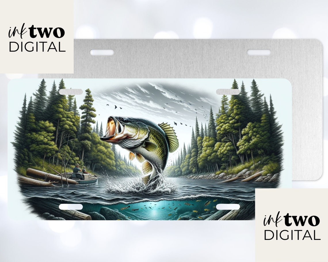 Bass Fishing River Scene Licence Plate PNG Sublimation Design, 12 by 6 ...