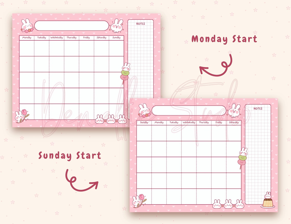 Bunny-themed Undated Calendar Printable, Cute Printable Calendar ...