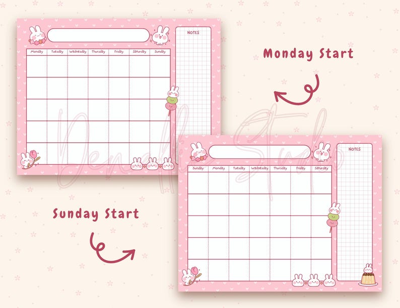 Bunny-themed Undated Calendar Printable, Cute Printable Calendar ...
