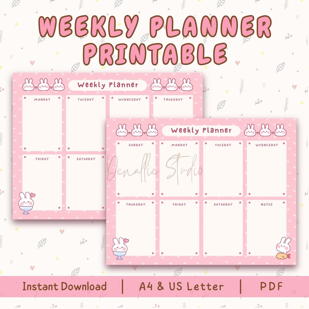 Weekly Planner Printable | Cute Bunny-themed Planner Template | A4 & US ...