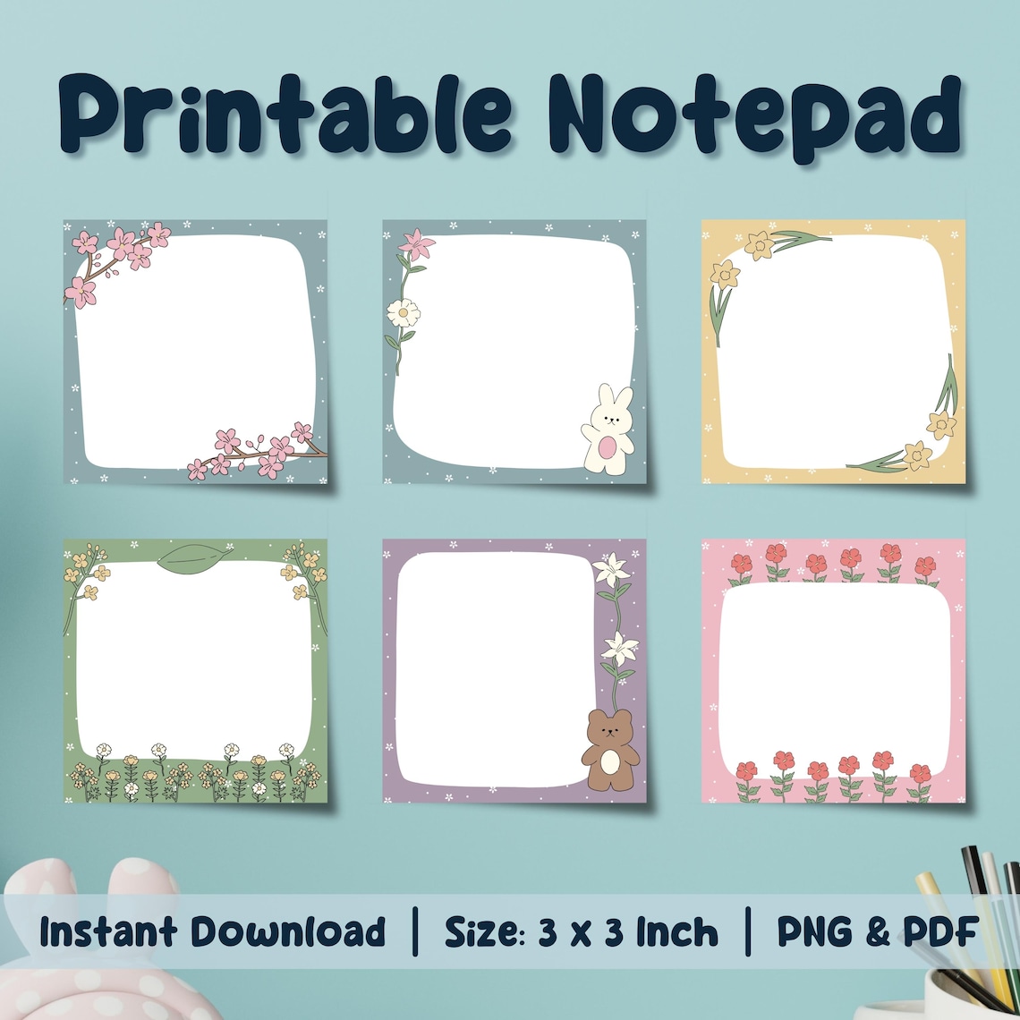 Floral Printable Notepad, Adorable Notepad Template, Cute Flower Memo ...