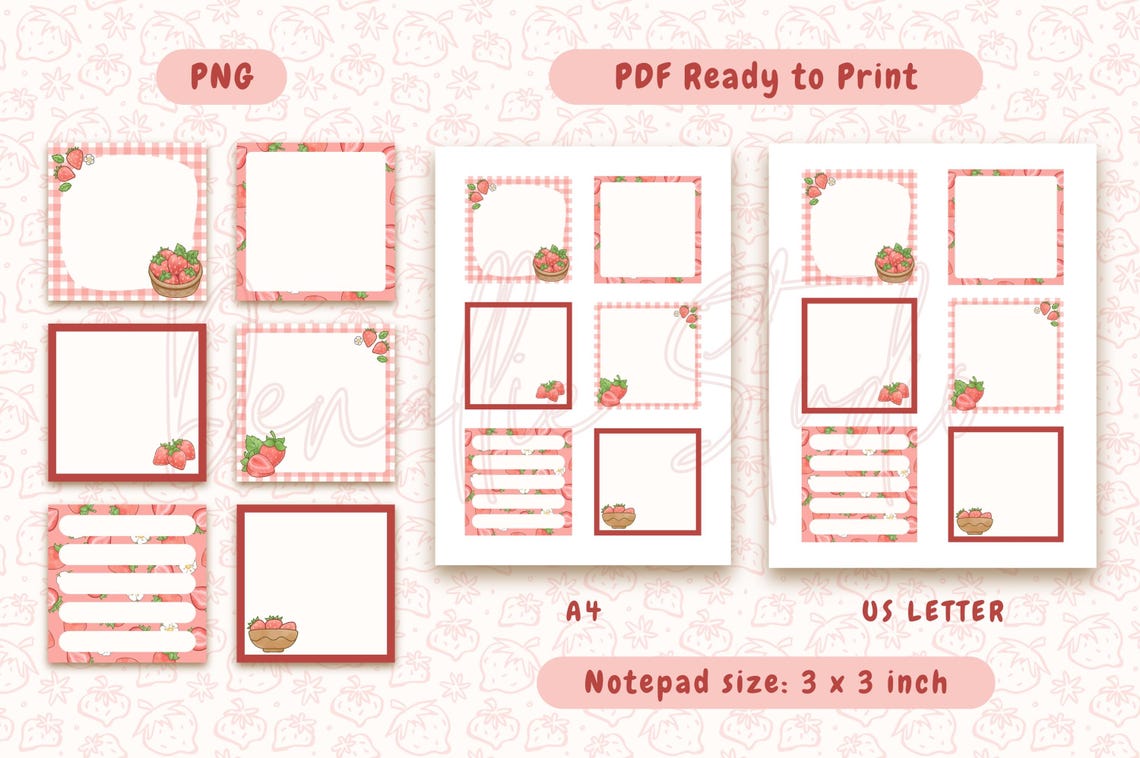 Strawberry-themed Notepad, Kawaii Notepad Printable, Strawberry Memo ...