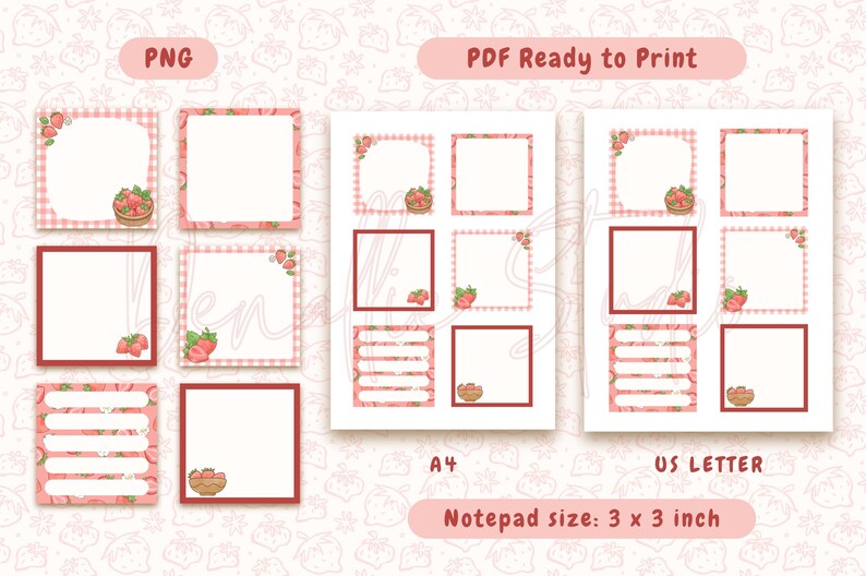 Strawberry-themed Notepad, Kawaii Notepad Printable, Strawberry Memo ...