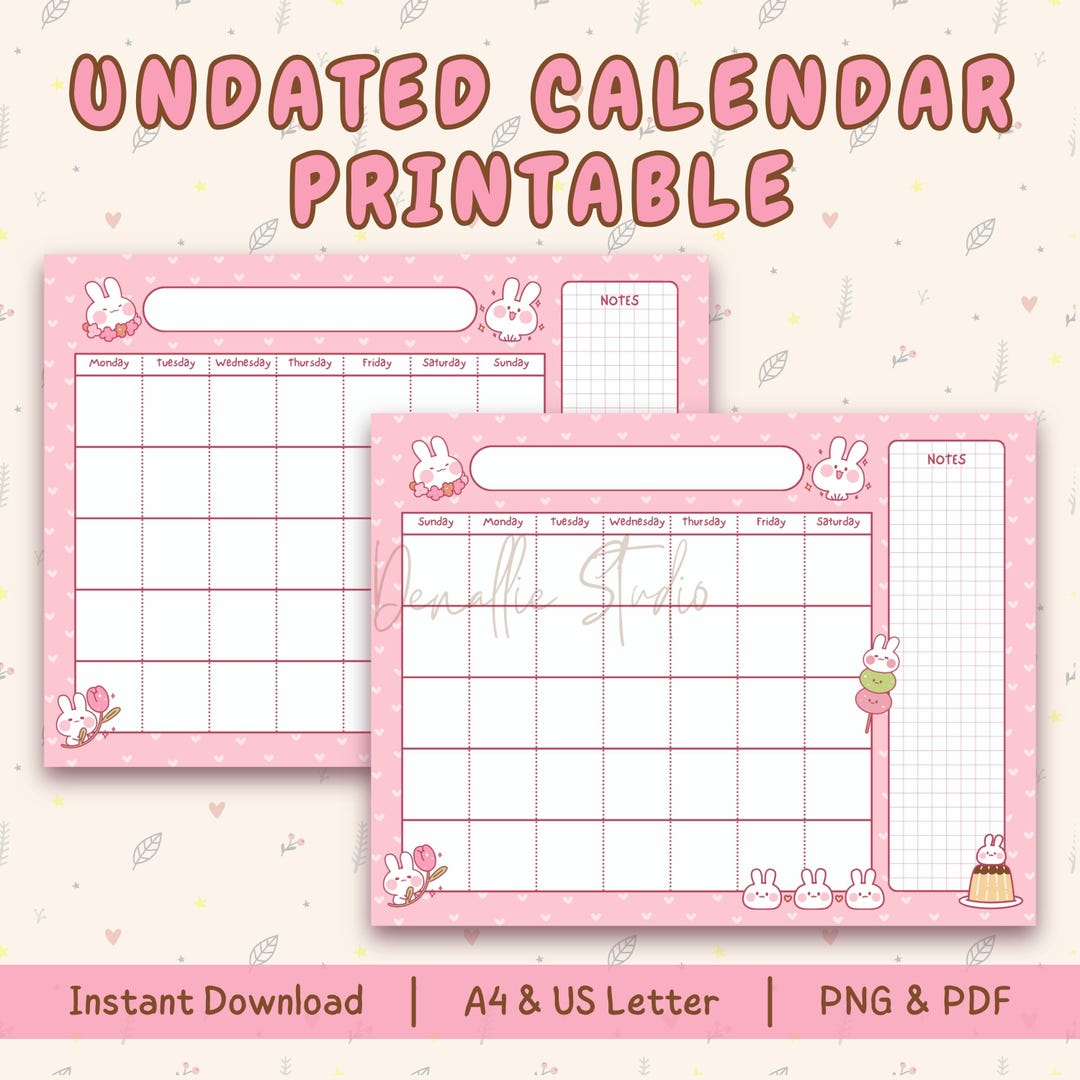 Bunny-themed Undated Calendar Printable, Cute Printable Calendar ...