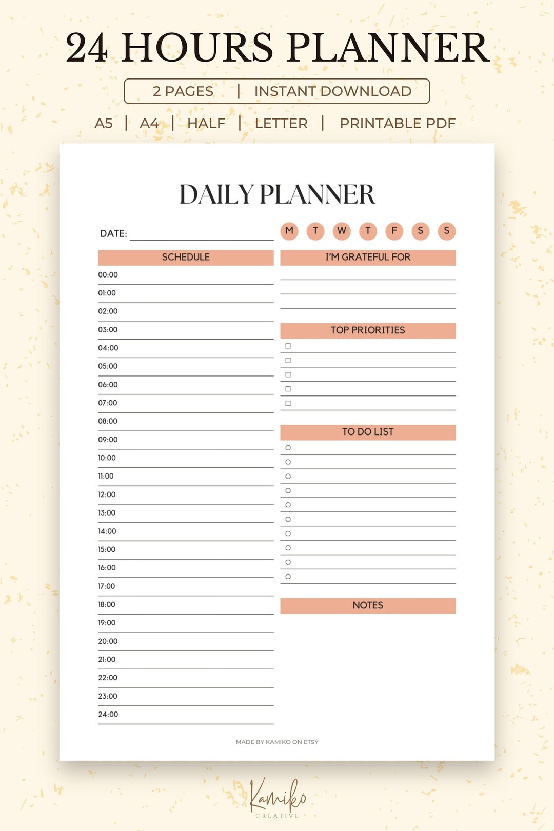 24 Hour Daily Planner Printable, Hourly Planner, Daily Agenda ...