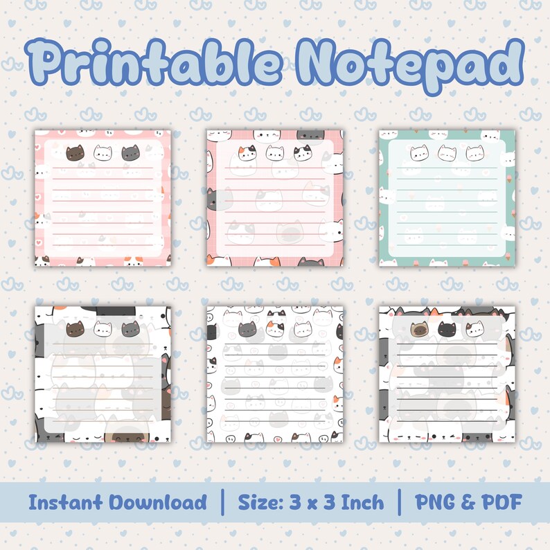 Cat-themed Printable Notepad, Cat Memo Pad, Cute Notepad, Digital ...